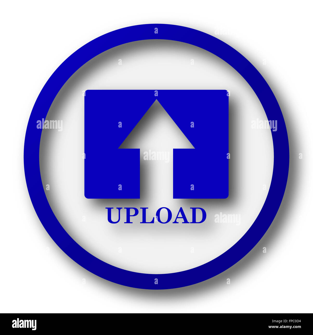 Upload icon. Blue internet button on white background Stock Photo - Alamy