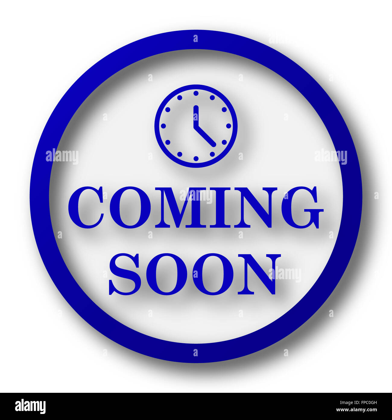 Coming soon icon. Blue internet button on white background Stock Photo ...