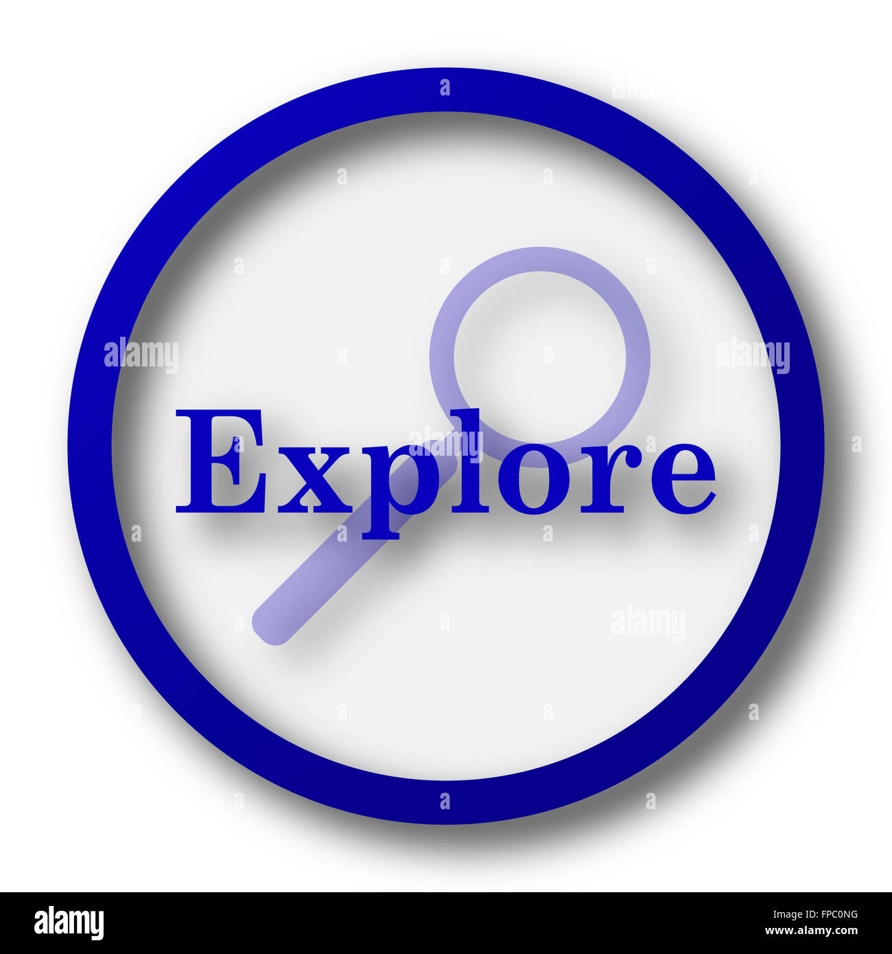 Explore icon. Blue internet button on white background Stock Photo - Alamy