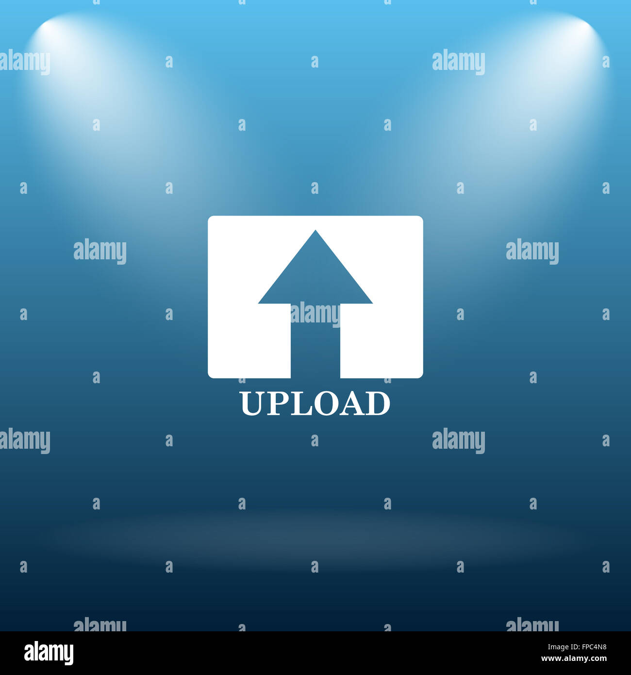 Upload icon. Internet button on blue background Stock Photo - Alamy