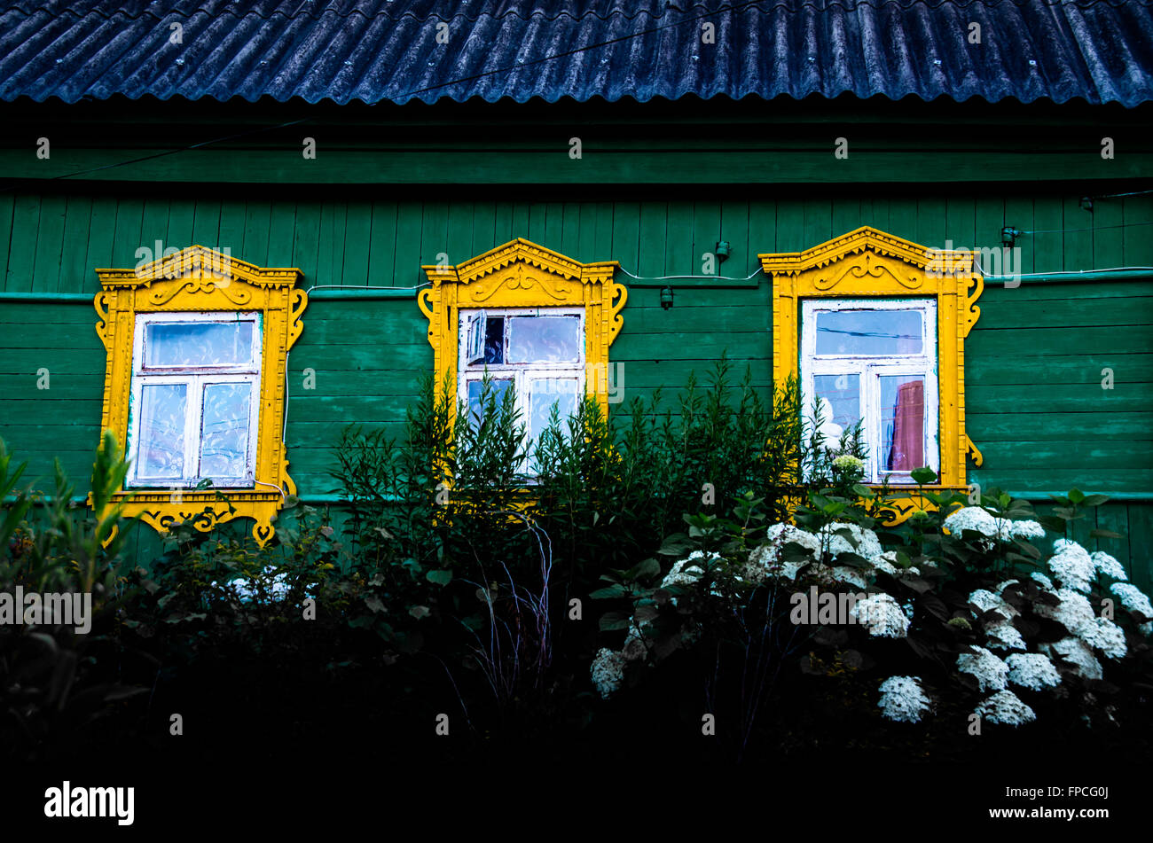Three traditional Russian wooden windows in Tarusa Stock Photo - Alamy