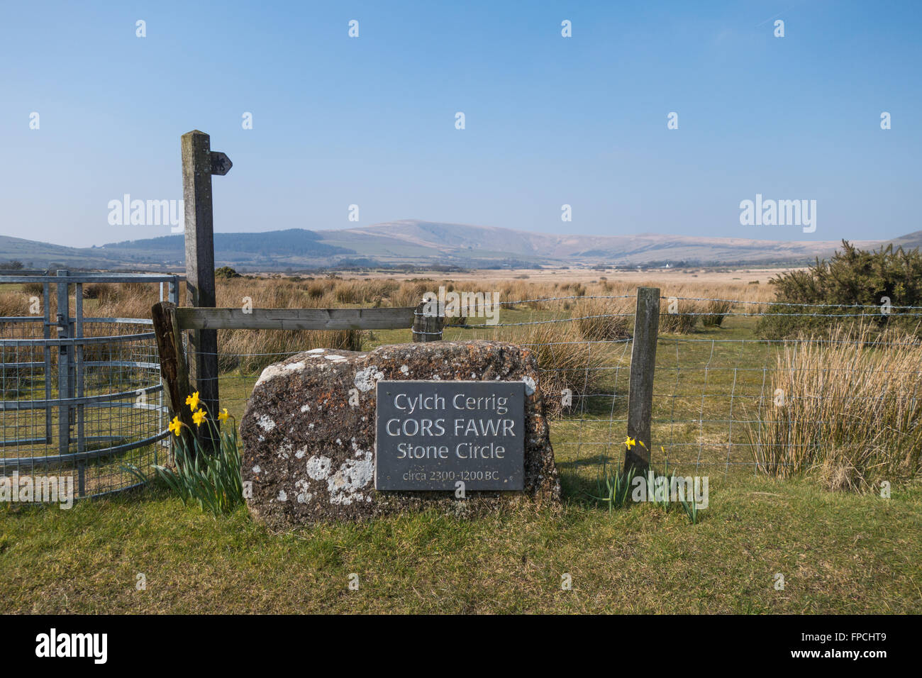 The plaque and bridle path signpost at Gors Fawr stone circle, Preseli ...