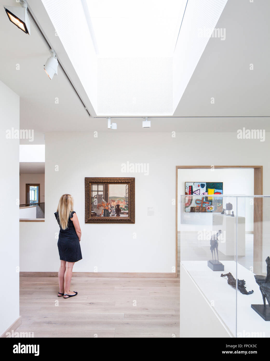 A viewing room in an art gallery with art on the walls, figurines in ...