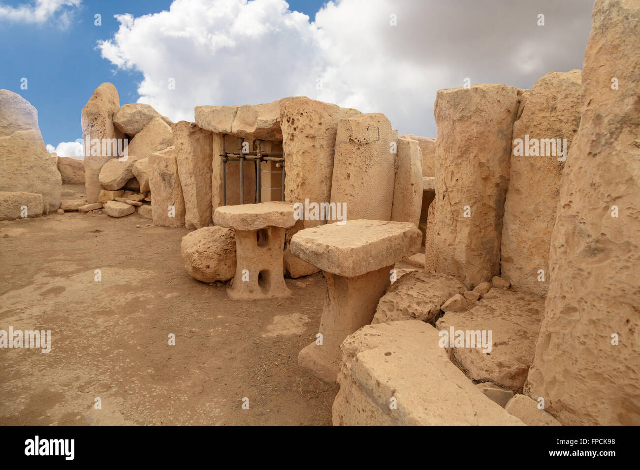 Door and window view of ancient limestone structures of Hagar Qim and ...