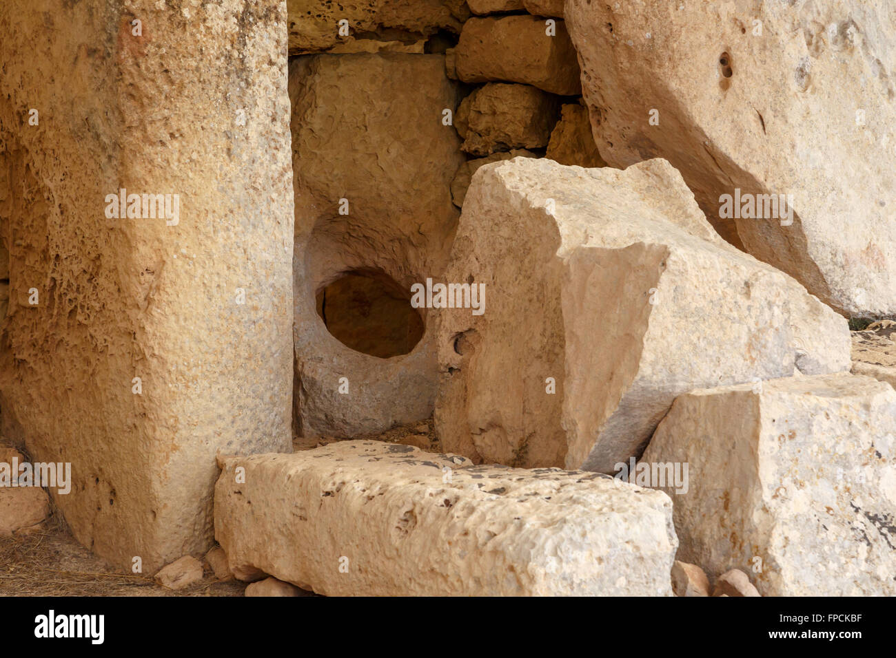 Door and window view of ancient limestone structures of Hagar Qim and ...