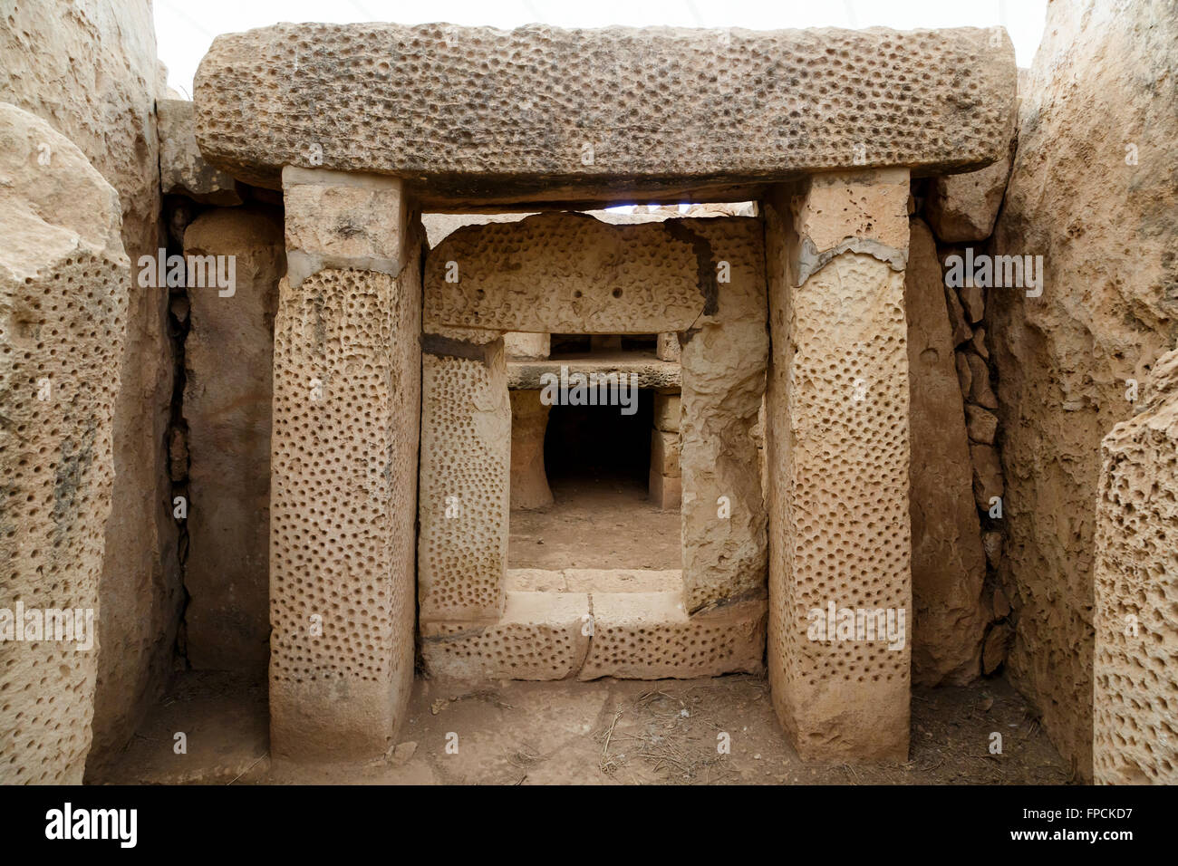 Door and window view of ancient limestone structures of Hagar Qim and ...