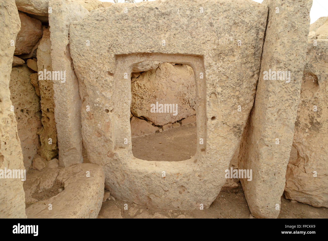 Door and window view of ancient limestone structures of Hagar Qim and ...