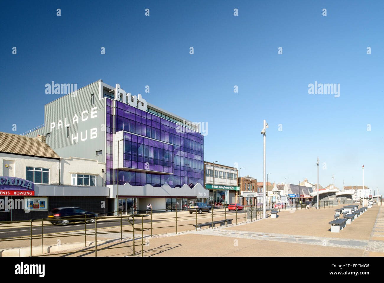 An exterior view of the ultra modern Palace Hub, with the large glass ...
