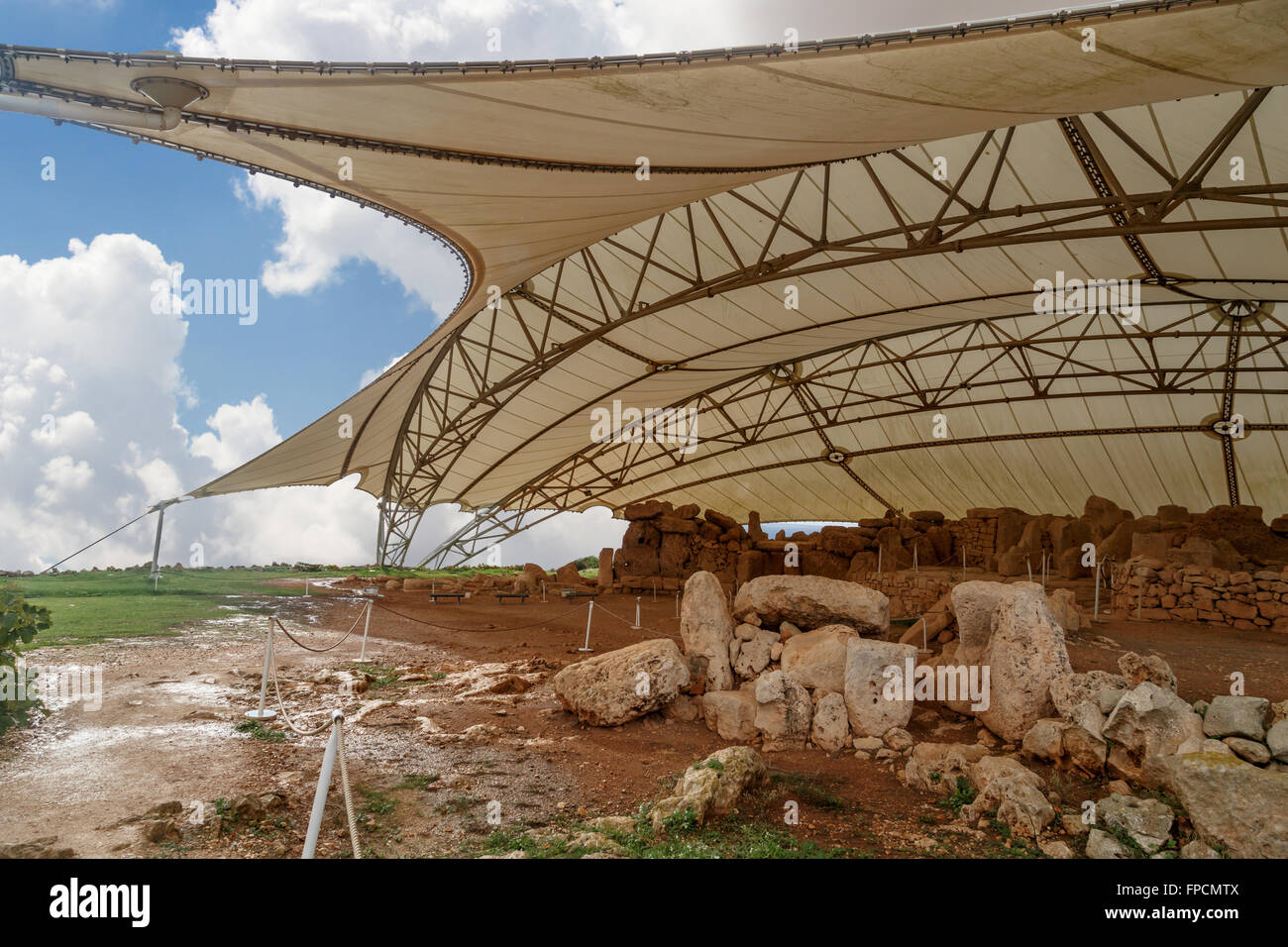 General view of ancient limestone structures of Hagar Qim and Gnajdra ...
