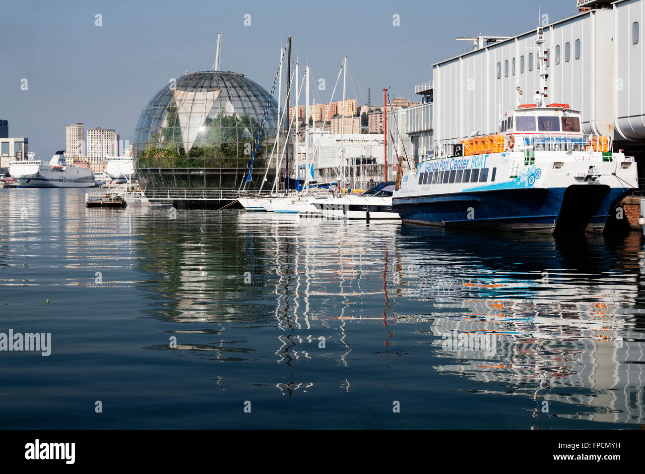An exterior view of Genoa Biosphere. designed by Renzo Piano. Also ...