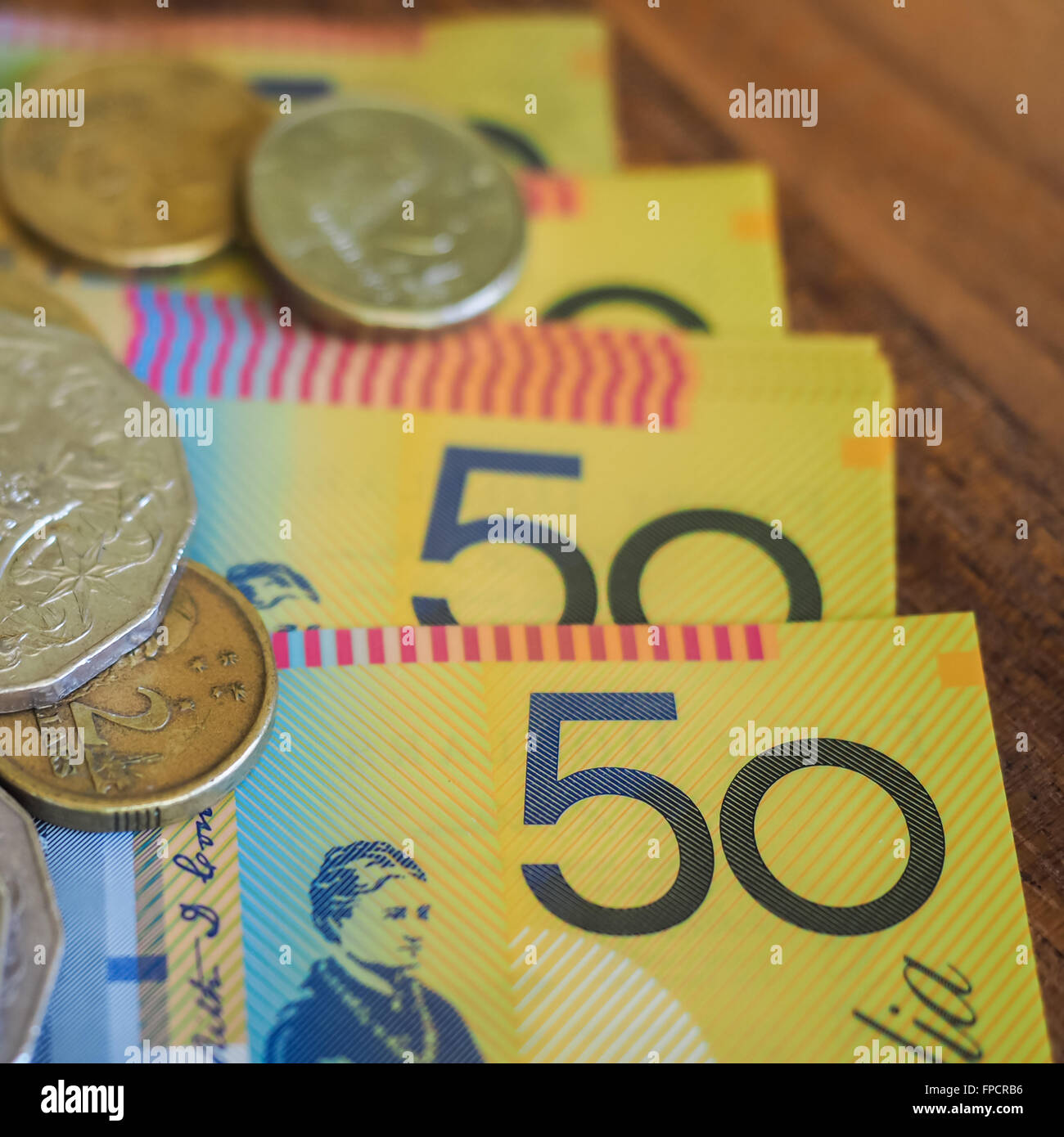 Money Fifty Dollar Notes and Coins Australian Stock Photo - Alamy