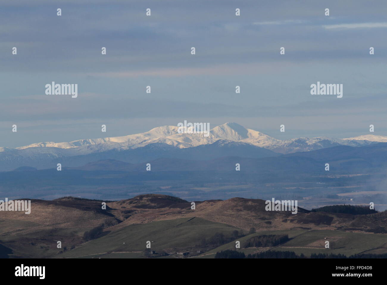 Distant peaks of Stuc a Chroin and Ben Vorlich viewed from Sidlaw Hills ...