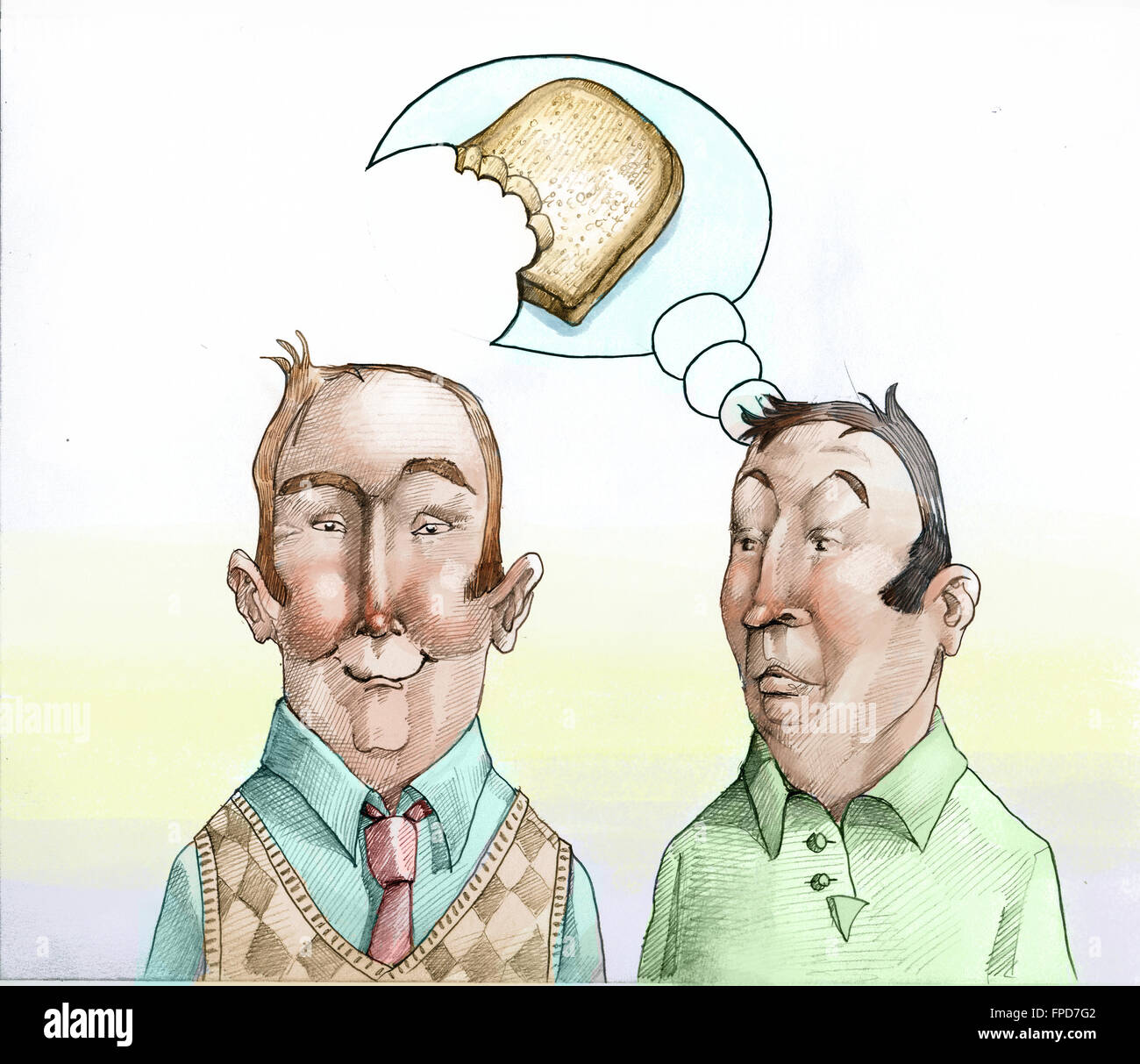 two men seen in the face, one imagines a slice of bread, the other ...