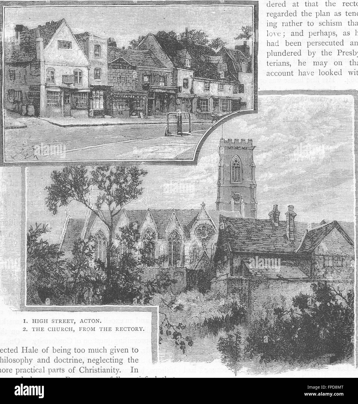 ACTON: High Street, Acton; The Church, from the Rectory, antique print ...