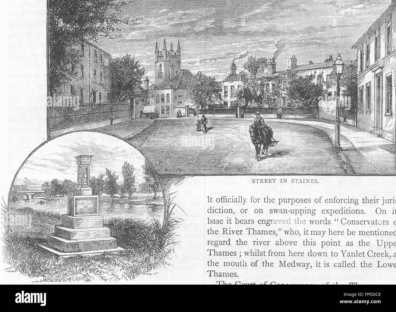 STAINES: Street in Staines; The city Boundary Stone. Surrey, old print ...