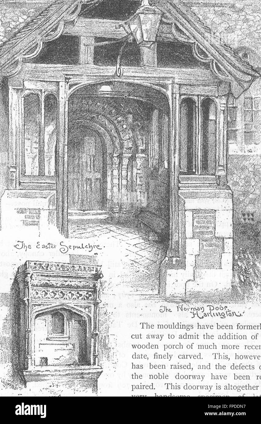 HARLINGTON CHURCH: The Easter Sepulchre; The Norman door, antique print ...