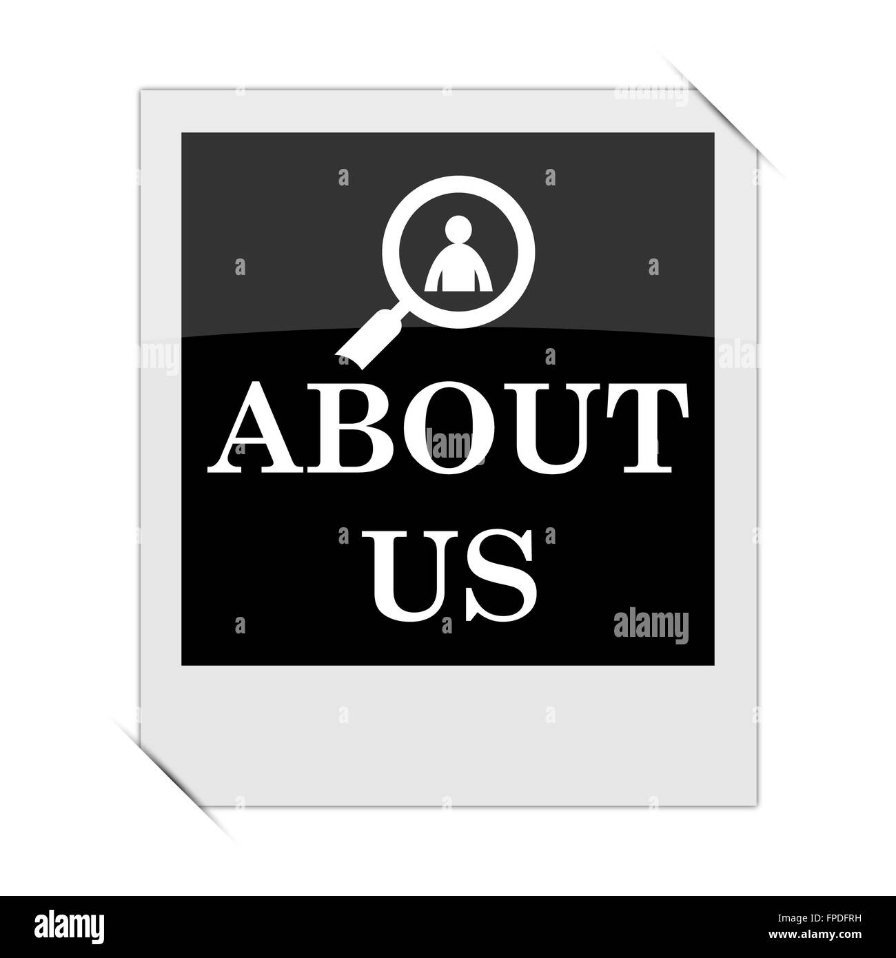 About us icon within a photo on white background Stock Photo - Alamy
