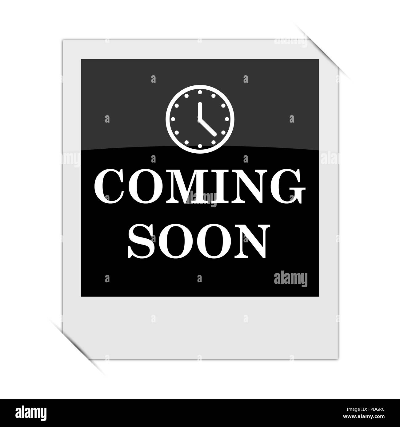Coming soon icon within a photo on white background Stock Photo - Alamy