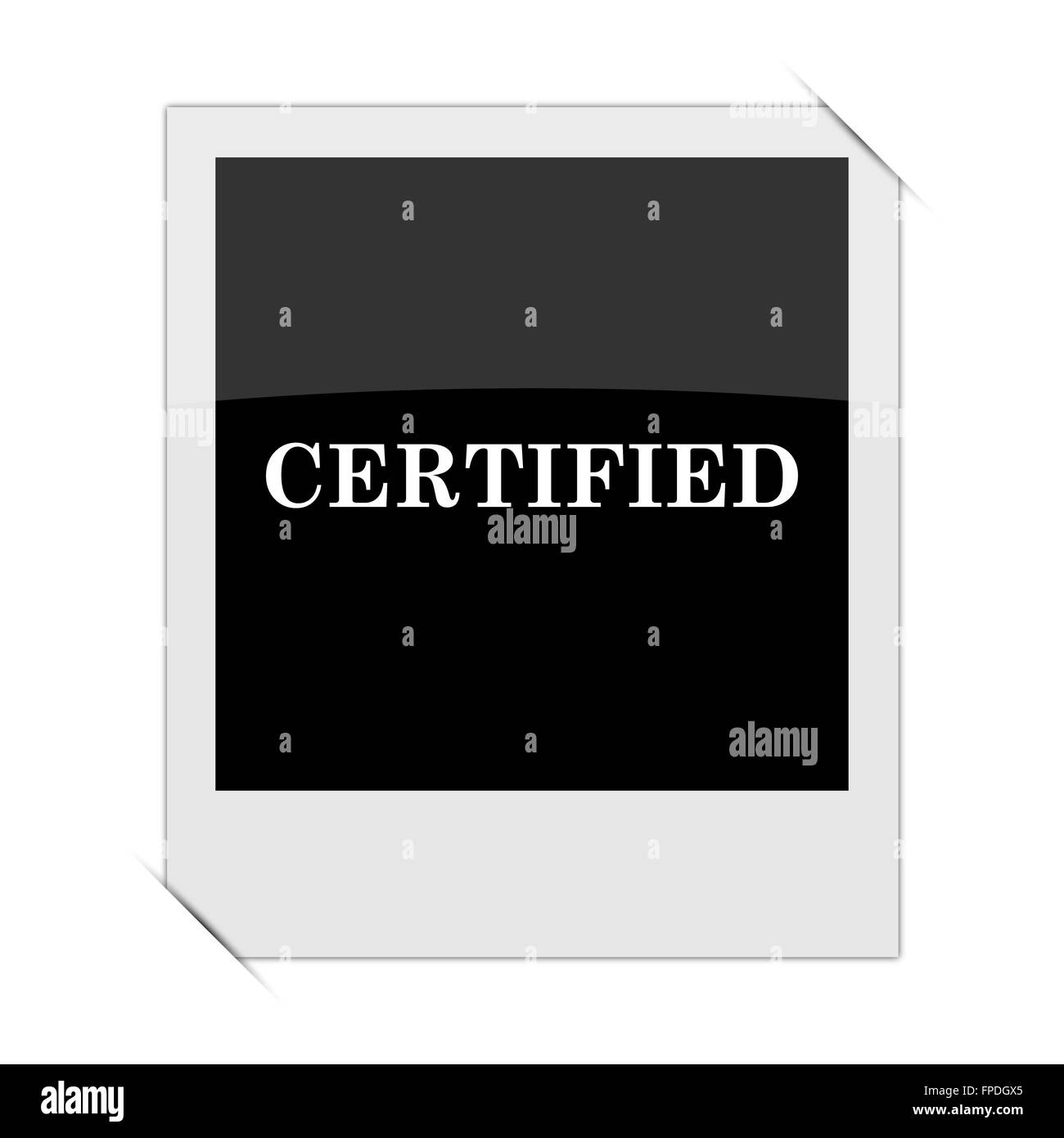 Certified icon within a photo on white background Stock Photo - Alamy