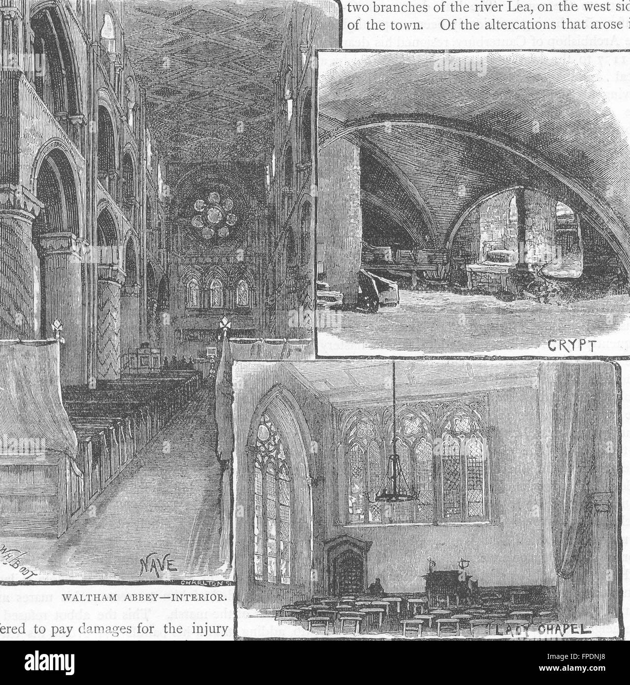 WALTHAM ABBEY: Interior: Nave, Crypt, Lady Chapel. Essex, antique print ...