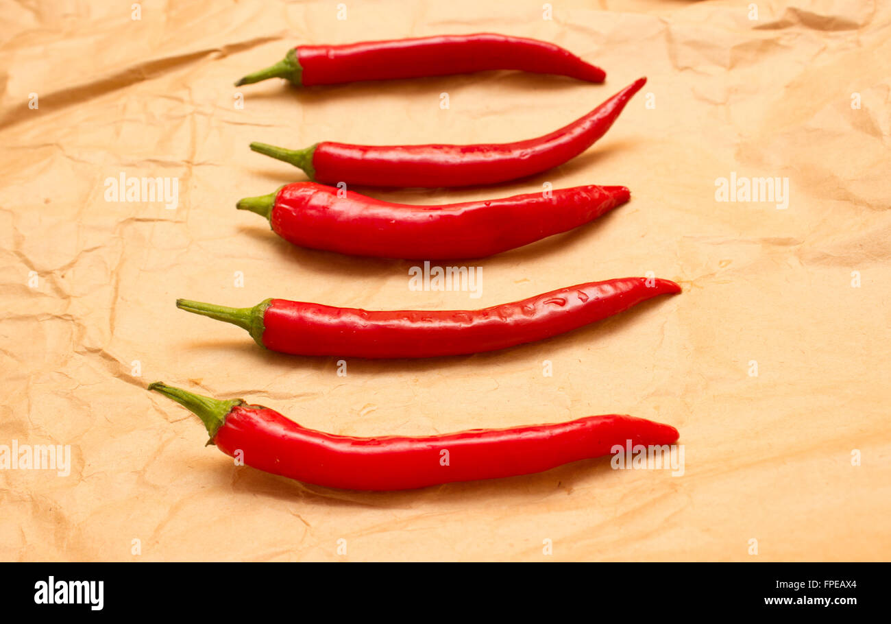 Red hot chili peppers on old brown paper sheet Stock Photo - Alamy