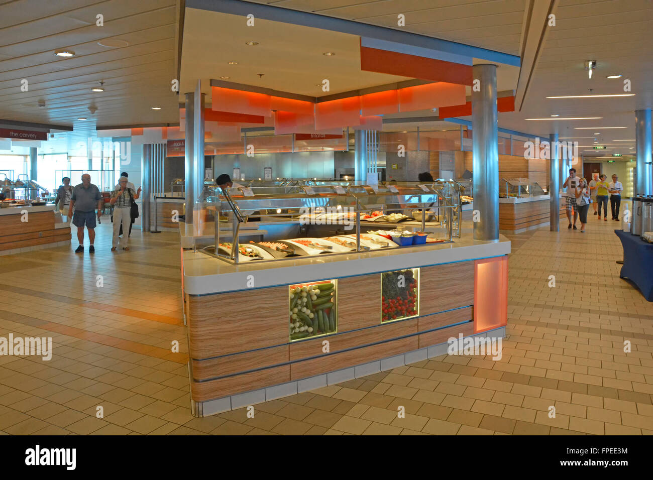 Cruise ship liner early morning interior on large cafeteria deck with ...