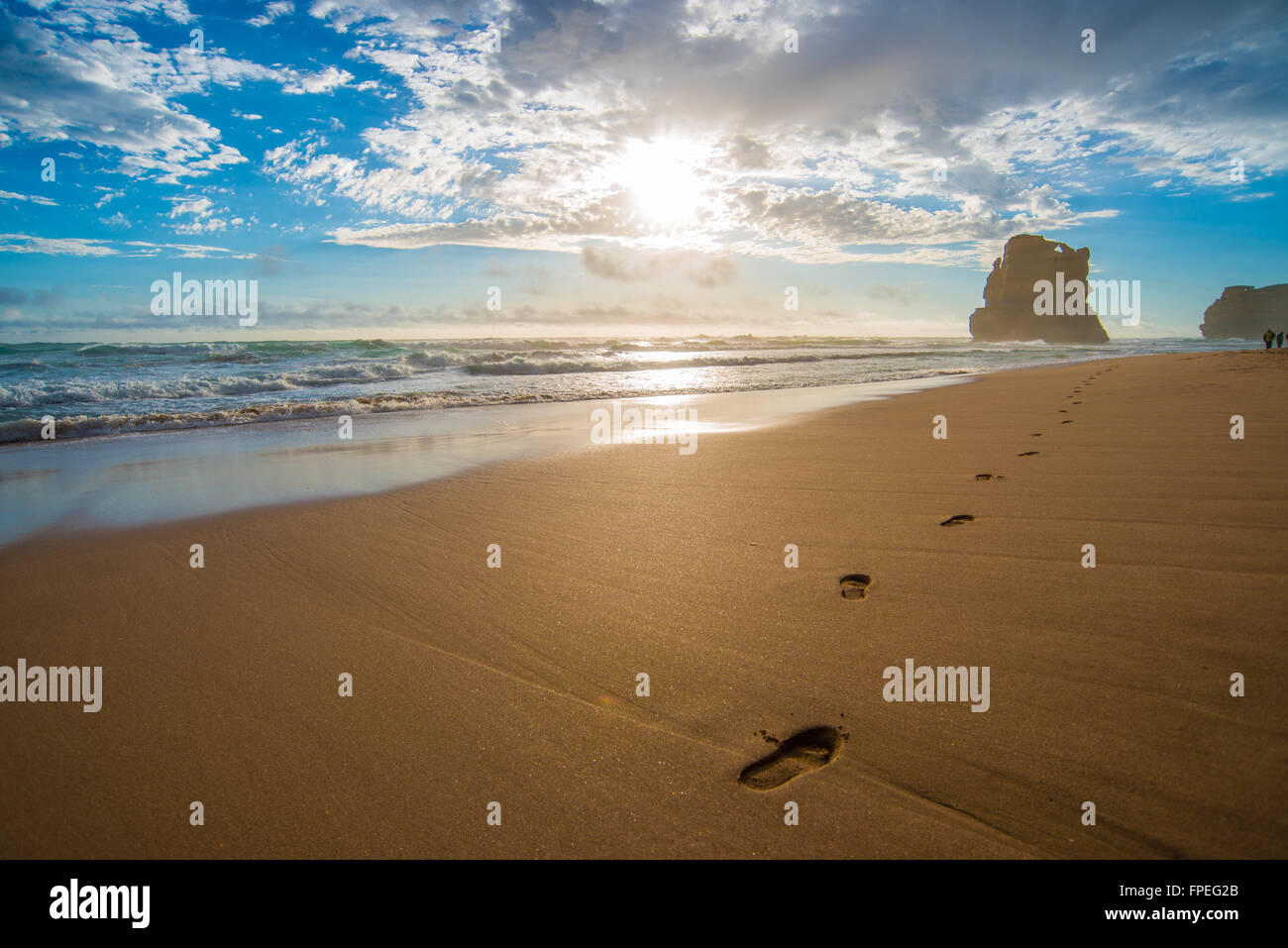 the Twelve Apostles, Beach walking footprints Stock Photo - Alamy