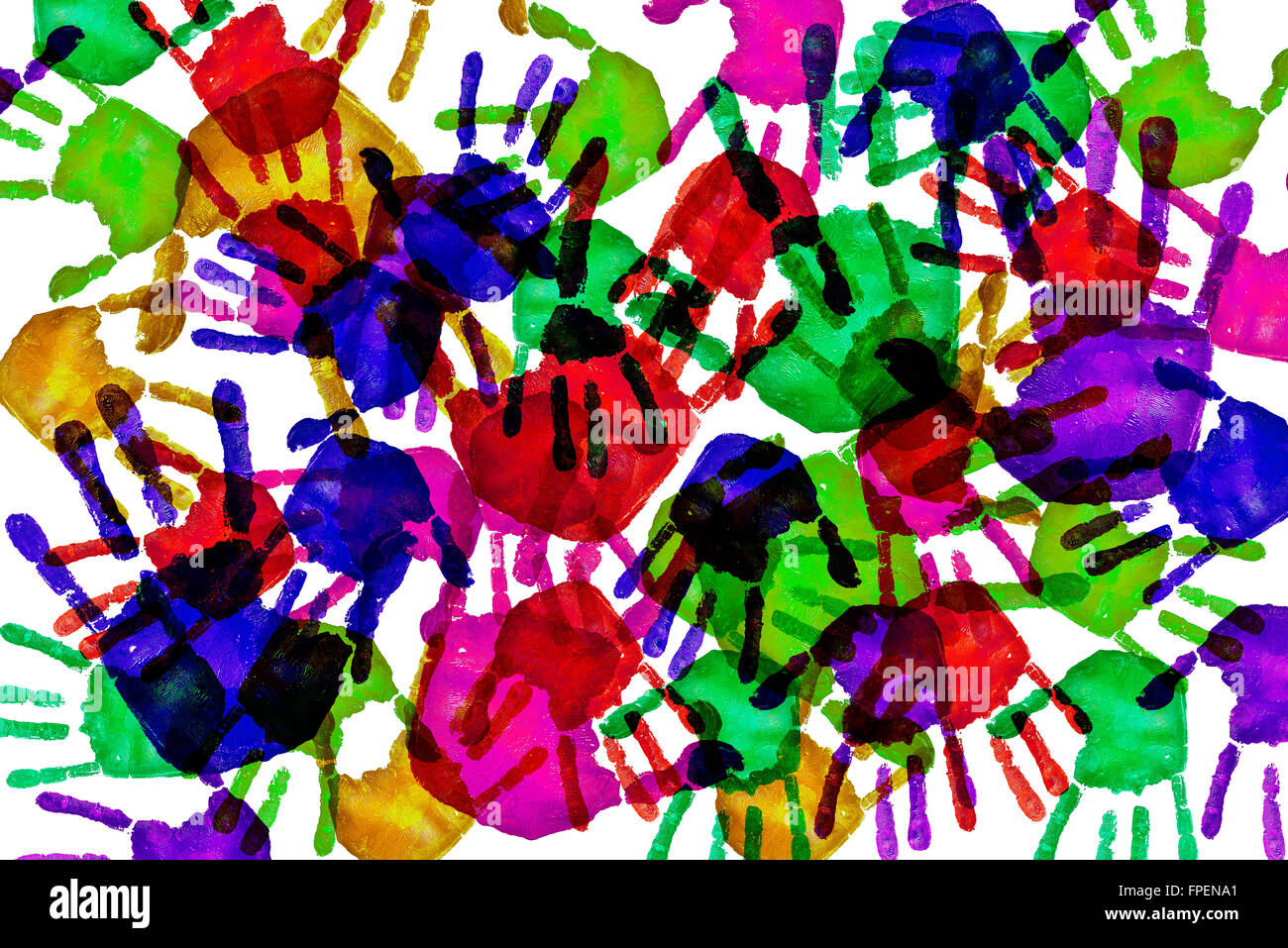 many handprints of different colors overlaid on a white background ...