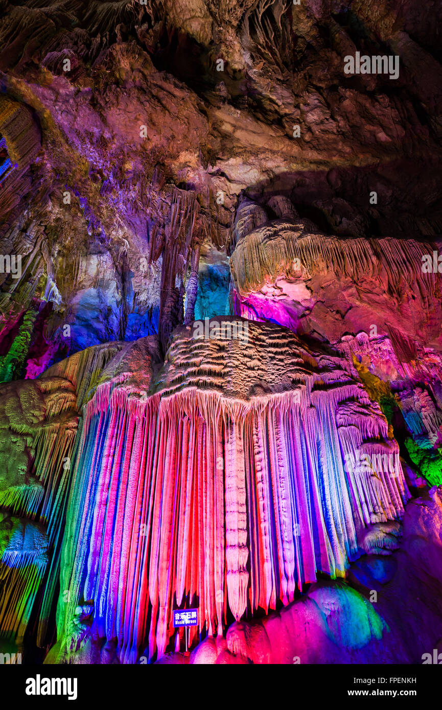 Guilin, China, 20 Jun 2014: Beautiful light up of limestone cave ...