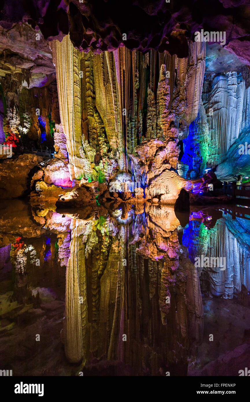 Guilin, China, 20 Jun 2014: Light up and reflection of limestone cave ...
