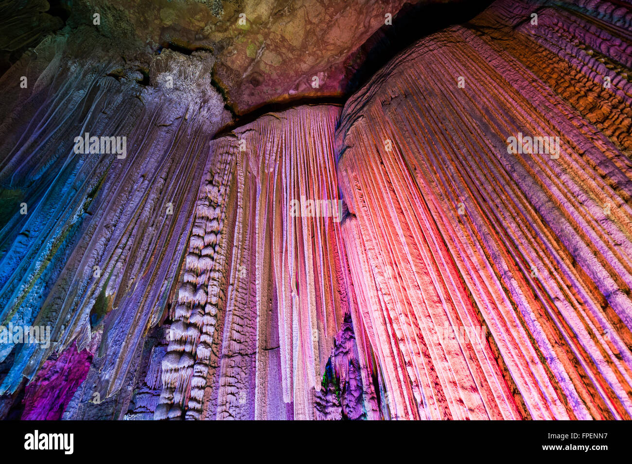 Guilin, China, 20 Jun 2014: Beautiful light up of limestone cave ...