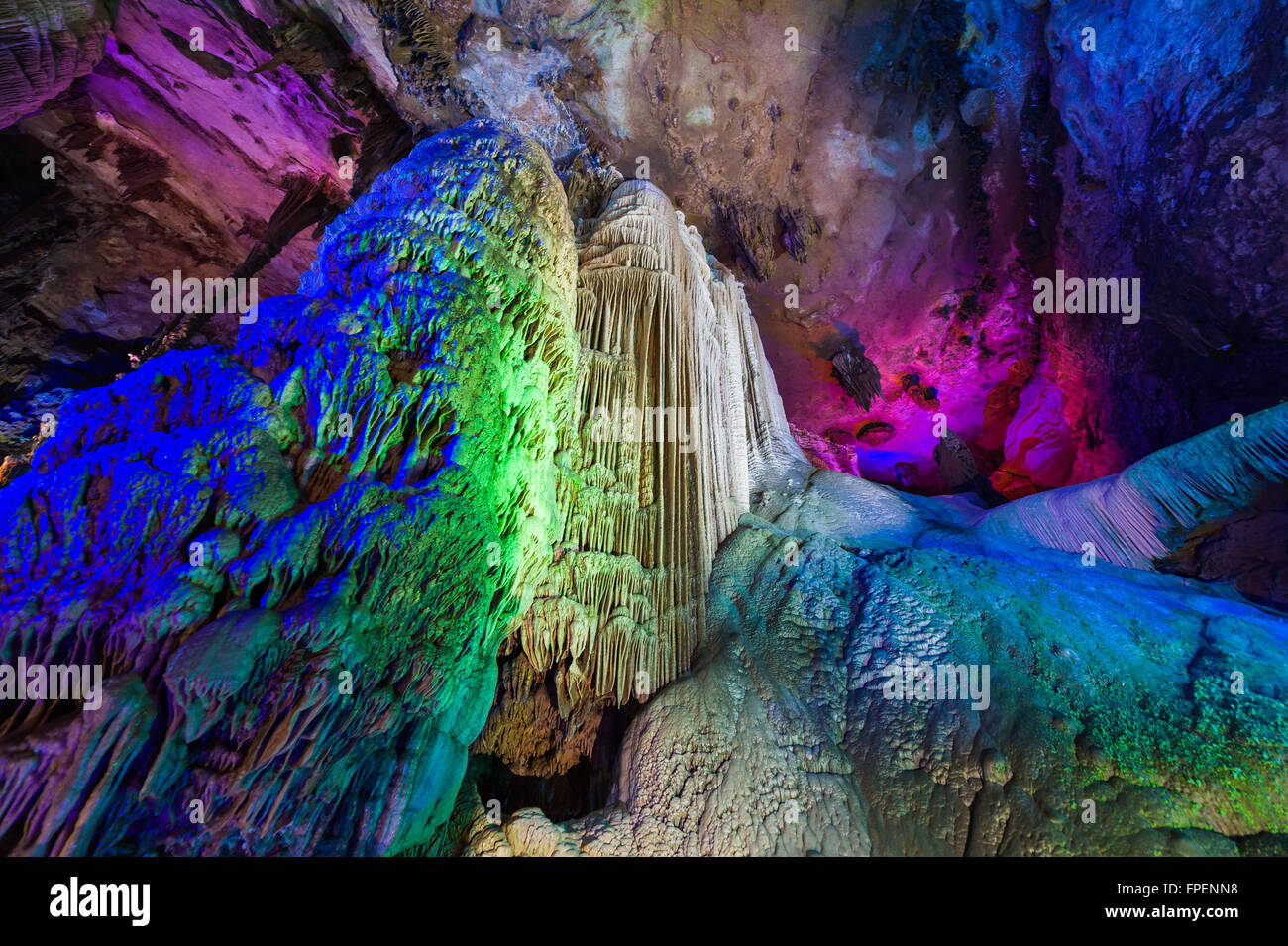 Guilin, China, 20 Jun 2014: Beautiful light up of limestone cave ...
