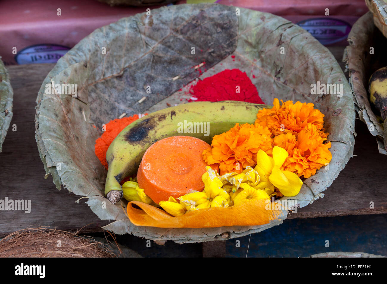 Nepal, Patan. Offering Baskets at a Hindu Temple. Flowers, Banana ...