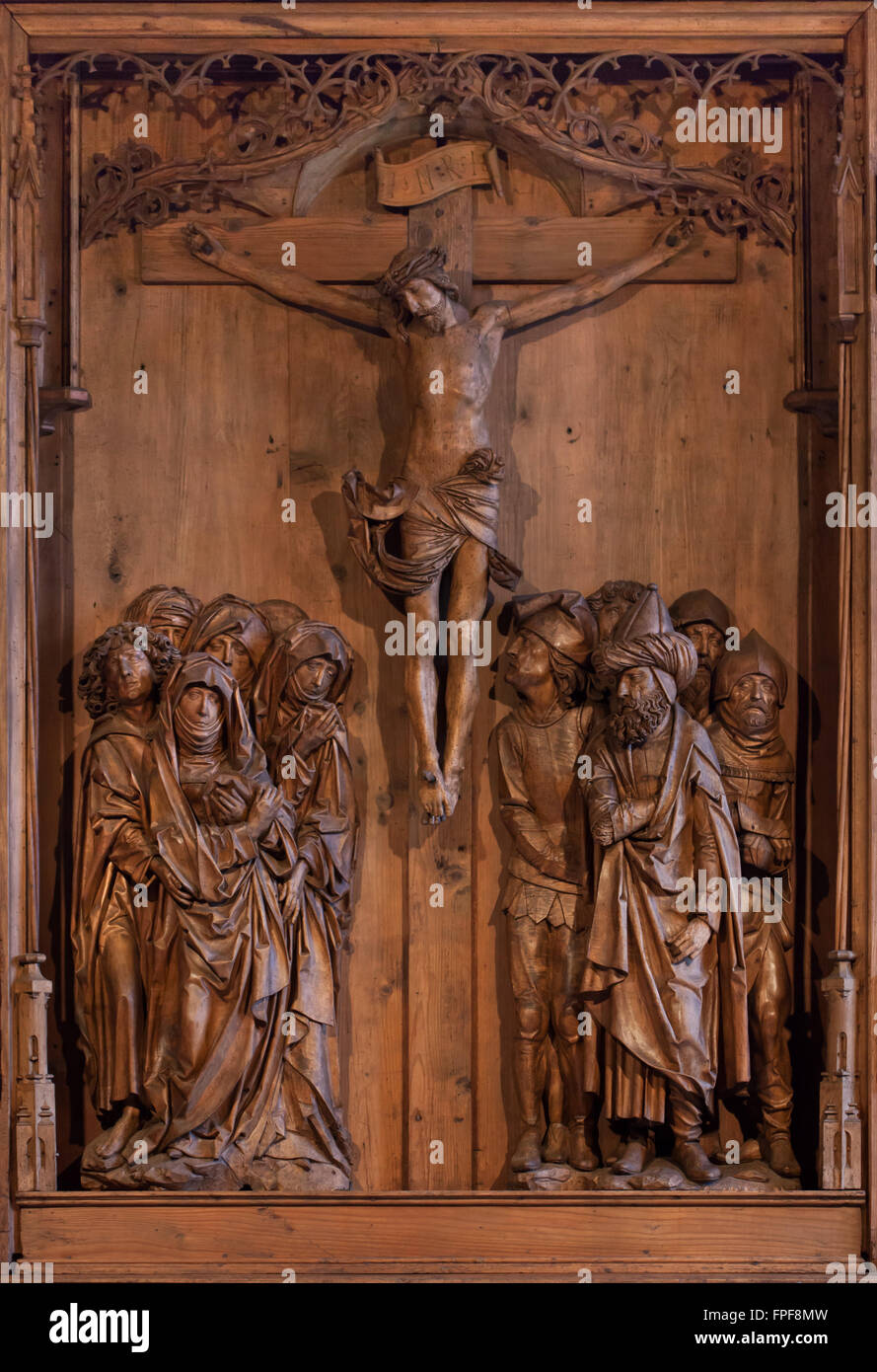 Crucifixion. Central panel of the Crucifixion Altarpiece (1508) by German sculptor Tilman ...