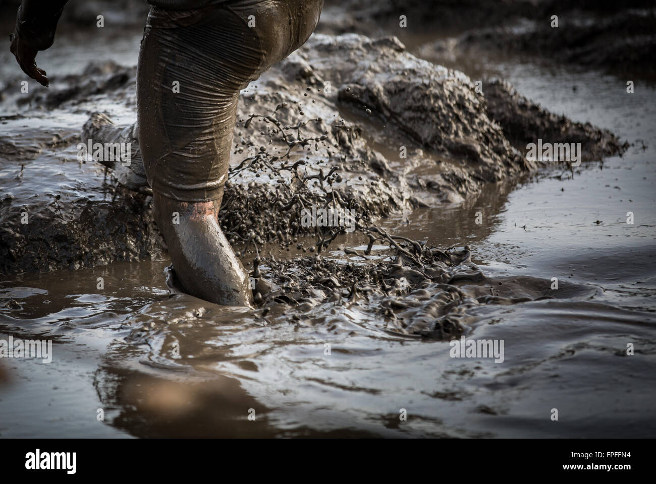 Deep muddy water with feet splashing and climbing out of the mud in a ...