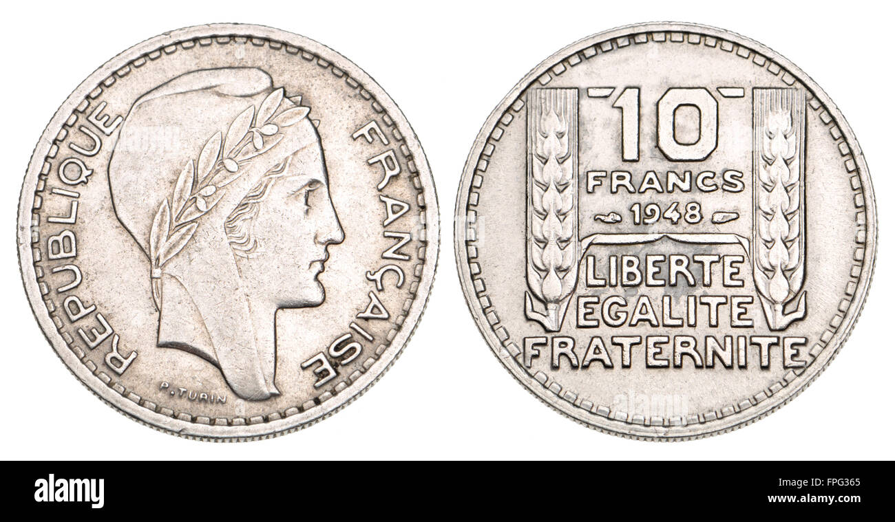 French 10F coin, 1948. Head of Liberty and ears of corn Stock Photo - Alamy