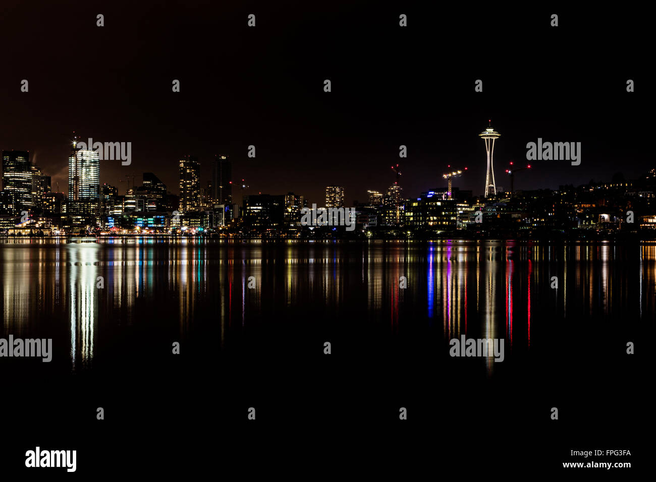 Seattle lights reflected in Lake Union. March, 2016 Stock Photo - Alamy