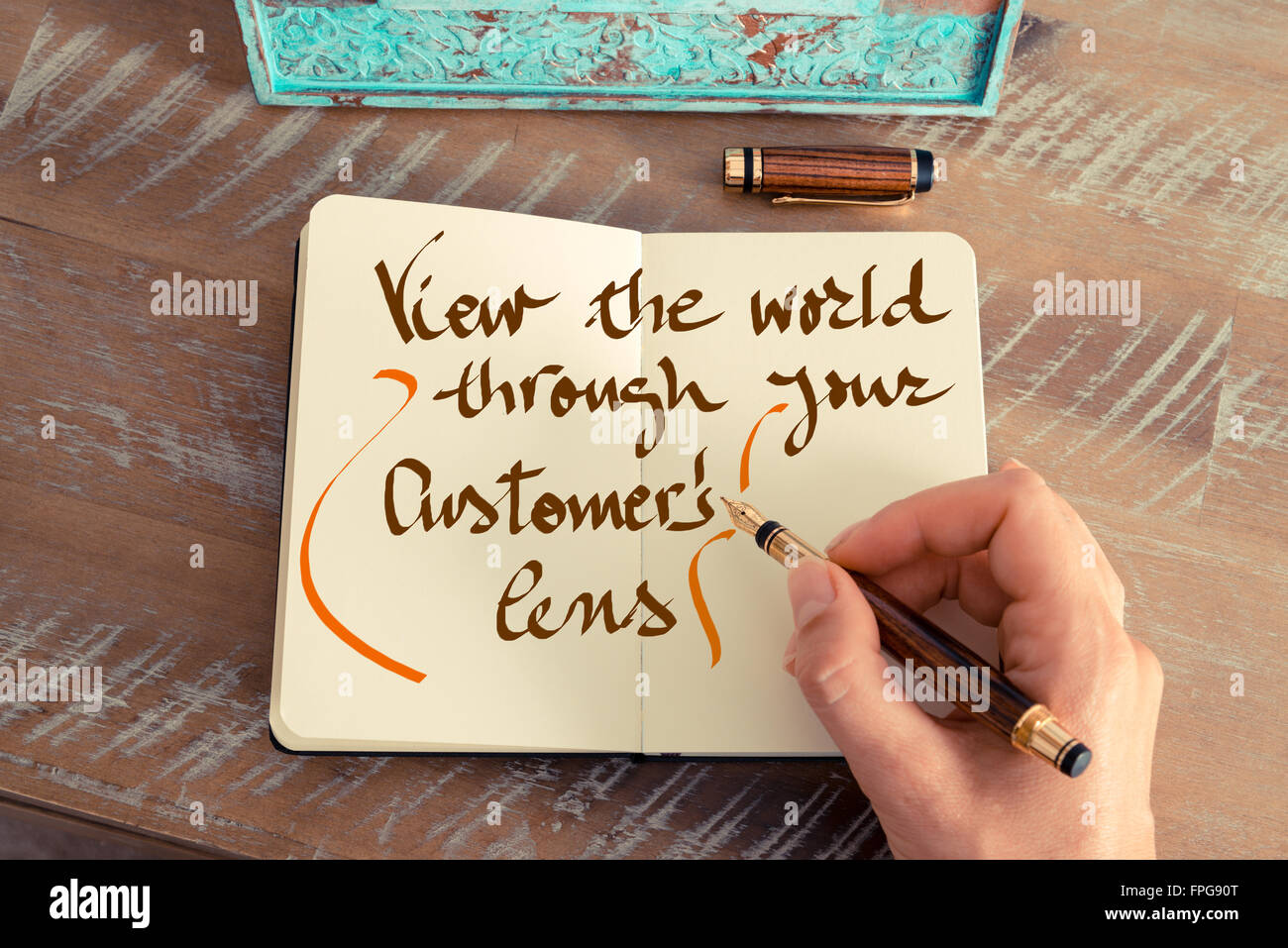 Handwritten text VIEW THE WORLD THROUGH YOUR CUSTOMER LENS, business ...