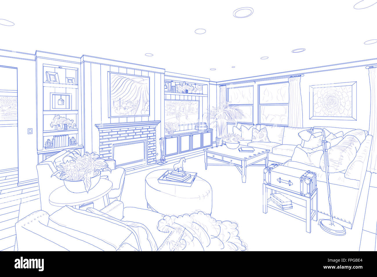 Detailed Blue Line Drawing of a Custom Living Room Stock Photo - Alamy
