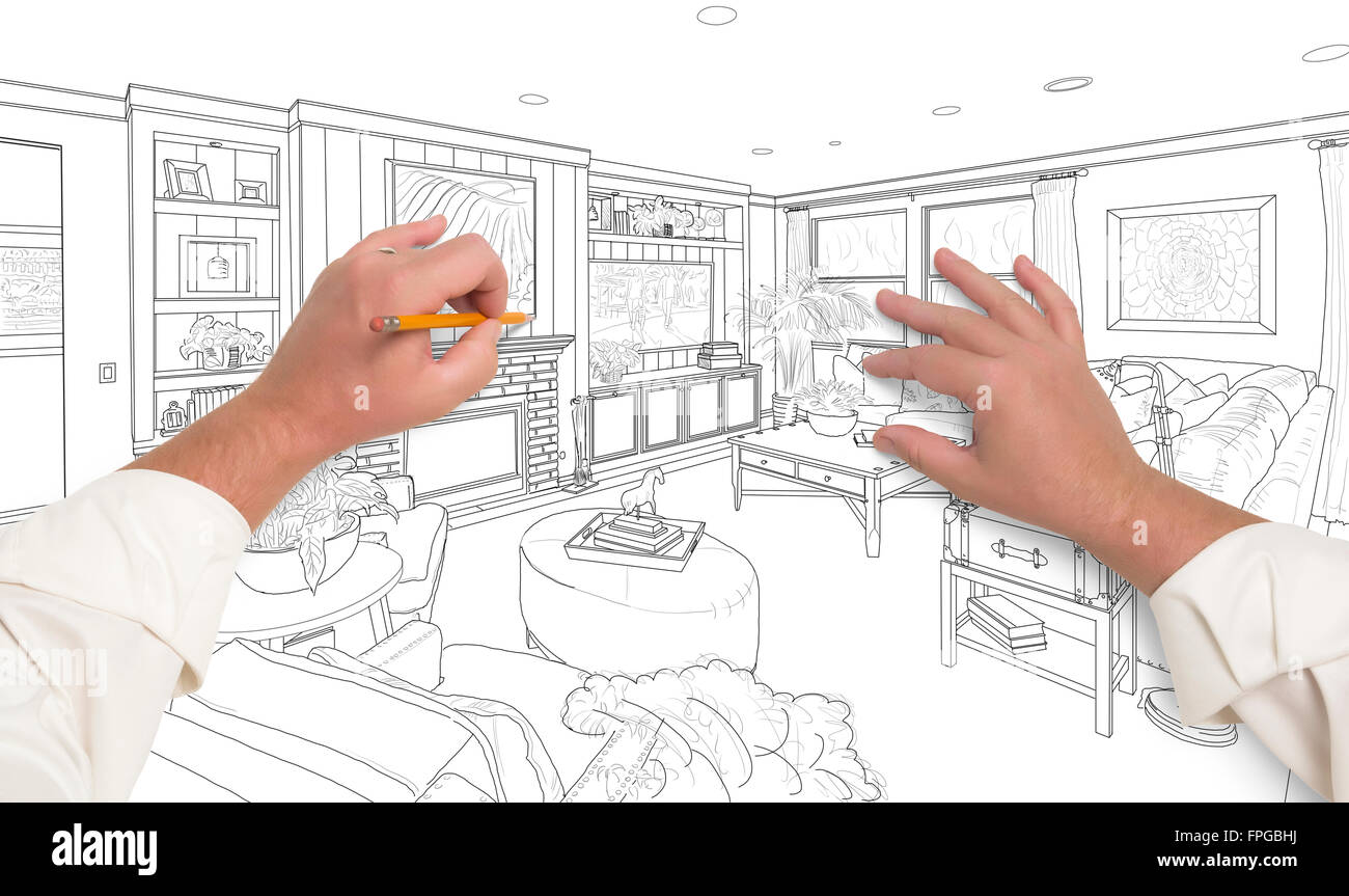 Male Hands Drawing Custom Living Room Design on White Stock Photo - Alamy