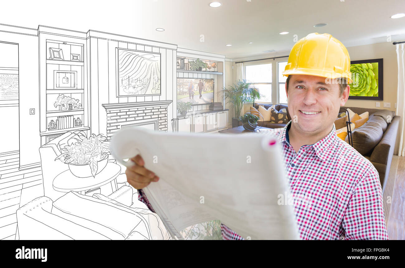 Smiling Contractor Holding Blueprints Over Custom Living Room Drawing ...