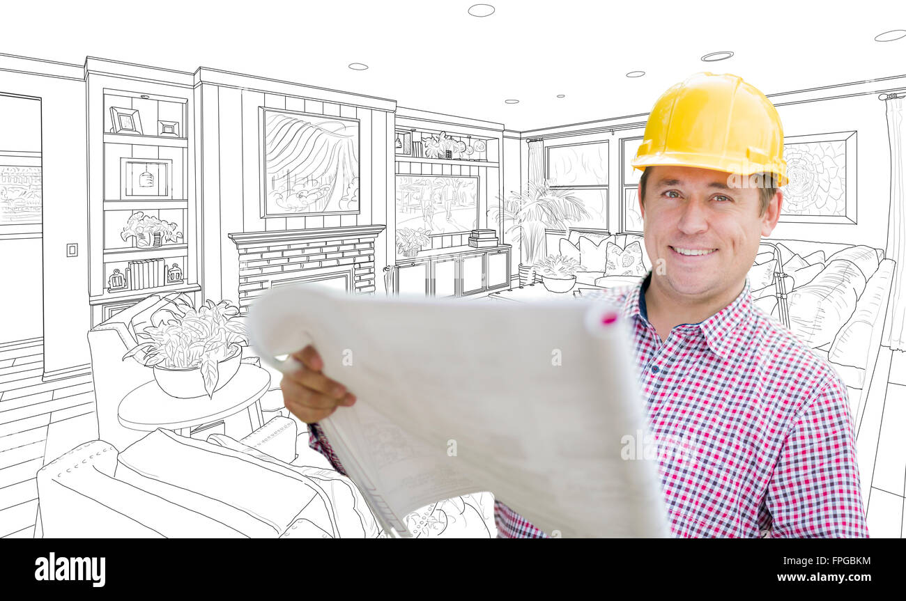 Smiling Contractor Holding Blueprints Over Custom Living Room Drawing ...