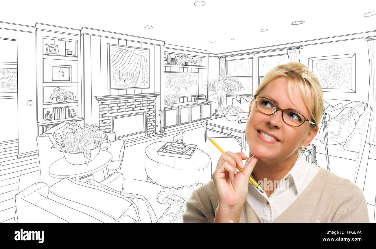 Woman With Pencil Over Custom Living Room Design Drawing Stock Photo ...