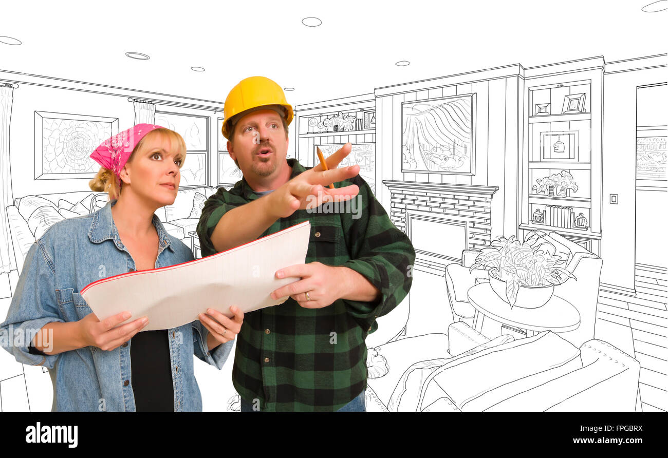 Male Contractor Talking Plans With Woman Over Custom Living Room ...