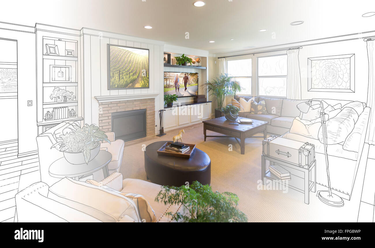 Custom Living Room Drawing Gradation Into Photograph Stock Photo - Alamy