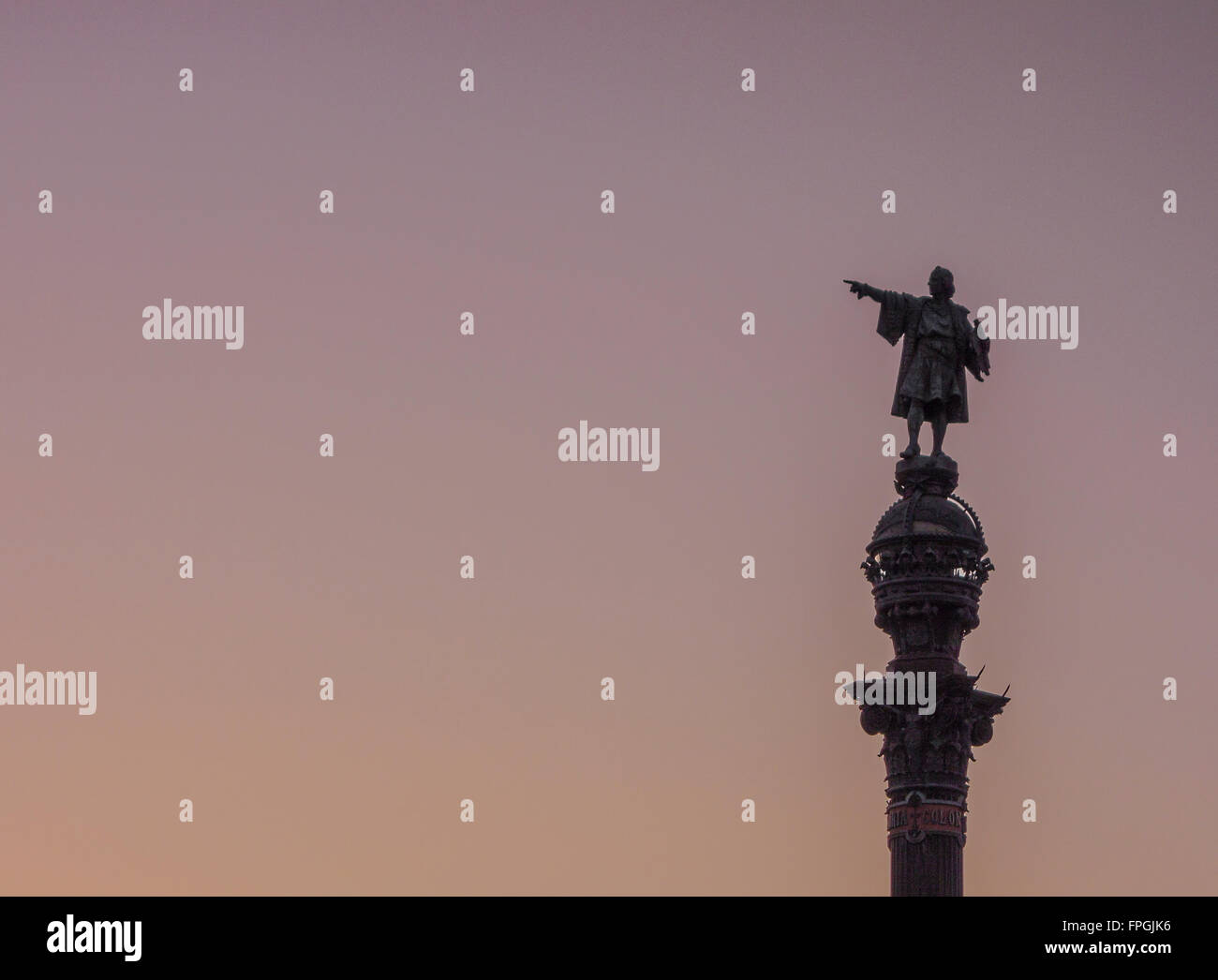 Barcelona Christopher Columbus statue silhouette over sunset clear sky ...