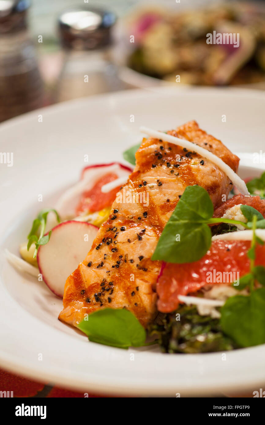 grilled salmon with ruby red grapefruit slices, crab, jicama and ...