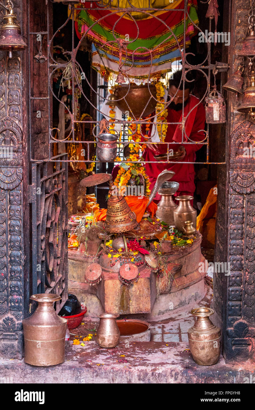 Nepal, Patan. Hindu Priest at an Altar Featuring Sheshnag, the Divine ...