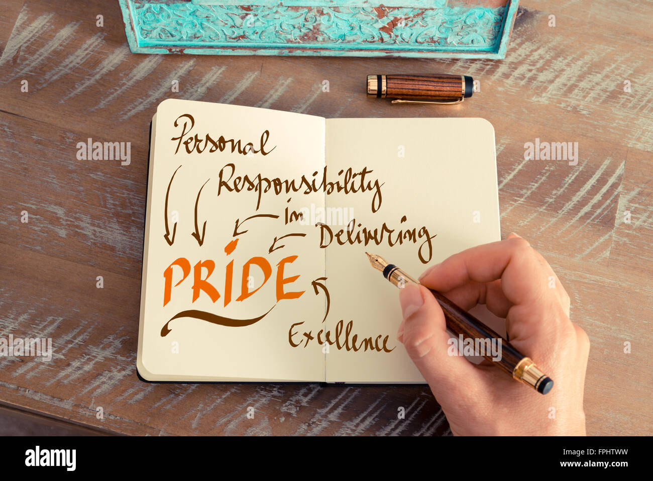 Handwritten text PRIDE PERSONAL RESPONSIBILITY IN DELIVERING EXCELLENCE ...