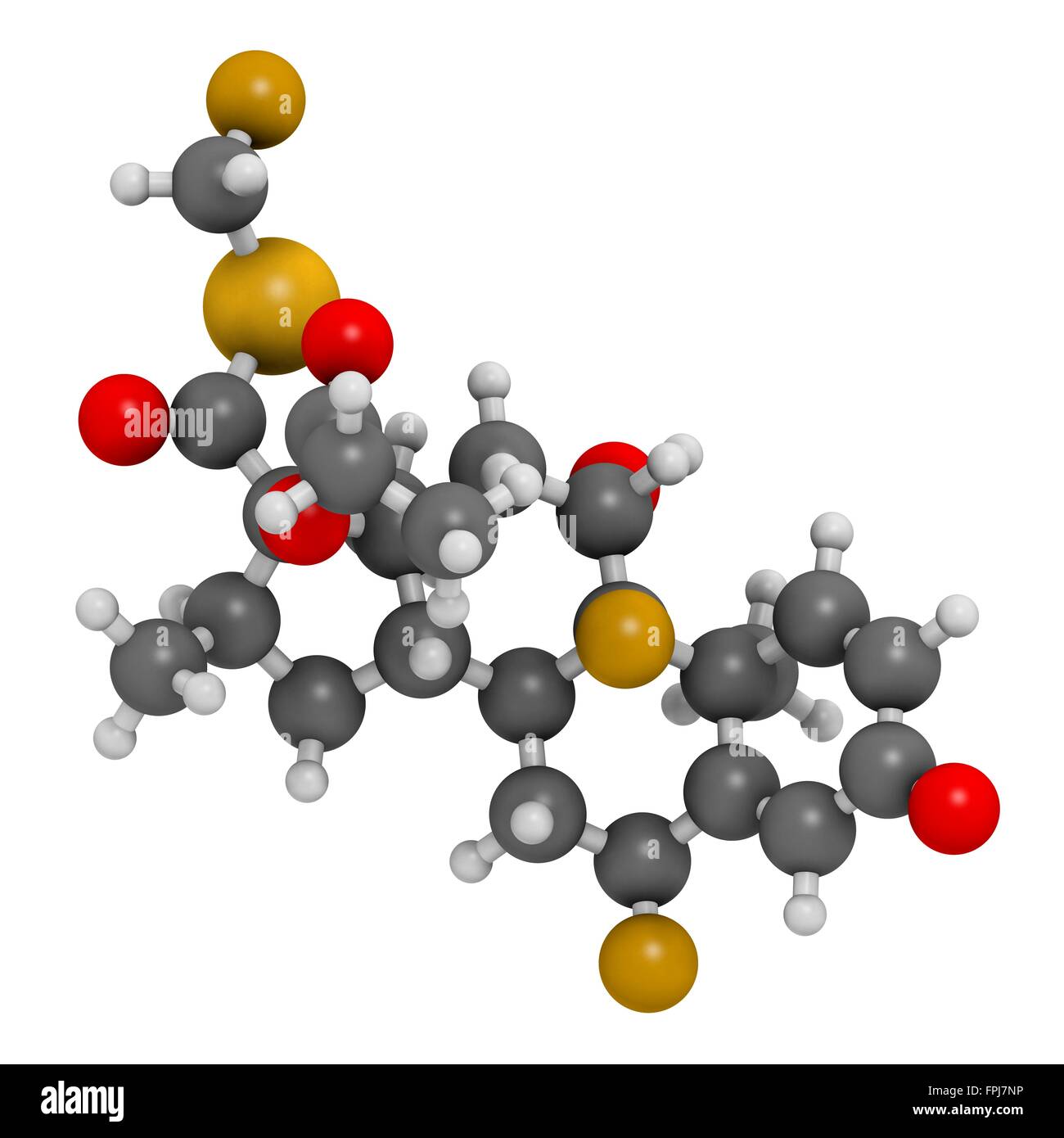 Fluticas e corticosteroid drug molecule. Atoms are represented as ...